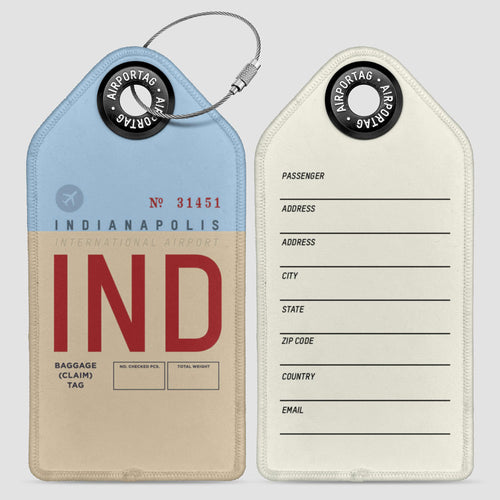 Airport Code Luggage Tag - IATA code IND baggage tag