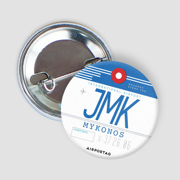 Pinback Button - Mykonos Island National Airport - Greece - IATA code JMK